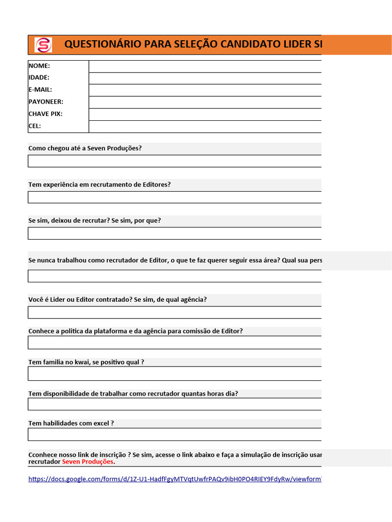 Questionário de Seleção para Líder Seven Cut | PDF
