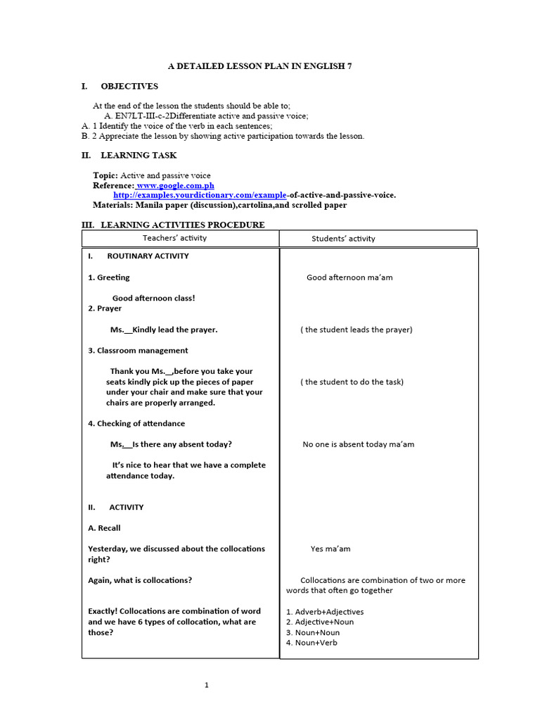 A Detailed Lesson Plan in English 7 | PDF | Lesson Plan | Human ...