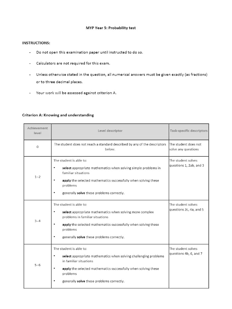MYP Year 5_ Probability test | PDF