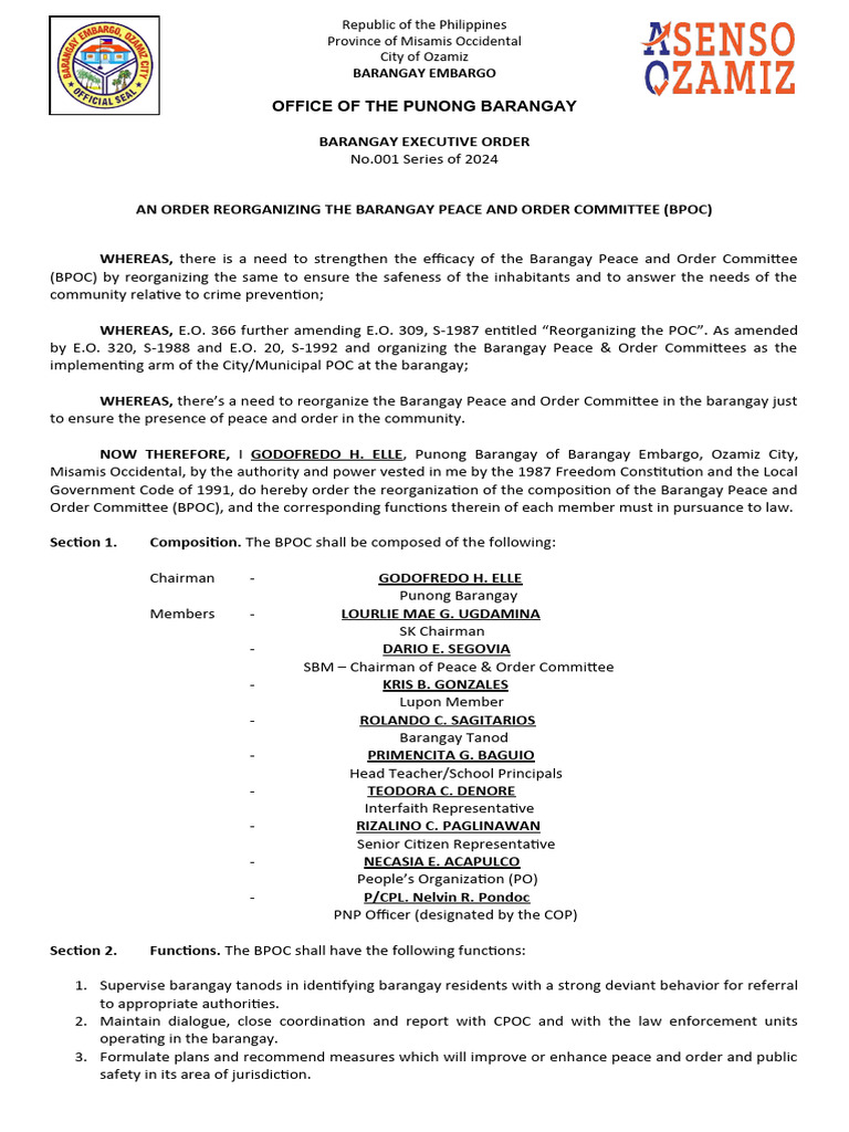 1.BPOC-Executive-Order No. 1 s. 2024 | PDF | Legal Documents | Justice