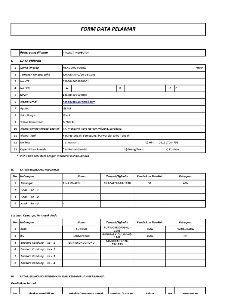 Formulir Data Pelamar Project Inspector | PDF