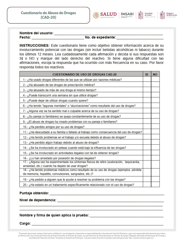 Cuestionario de Abuso de Drogas (CAD 20) | PDF | Drogas | La dependencia de sustancias