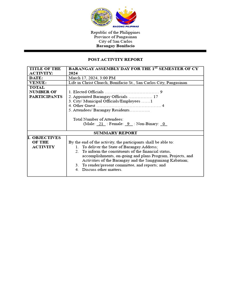 Barangay Assembly Day Post Activity Report 2 | PDF