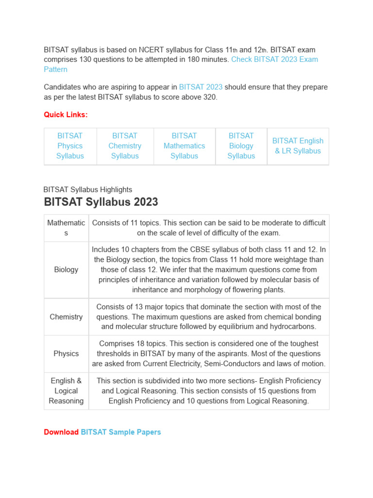 BITSAT Syllabus | PDF | Chemistry | Physics
