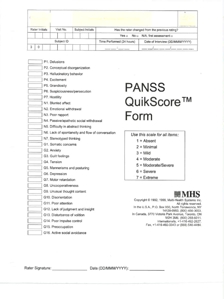 PANSS QuikScore Form | PDF