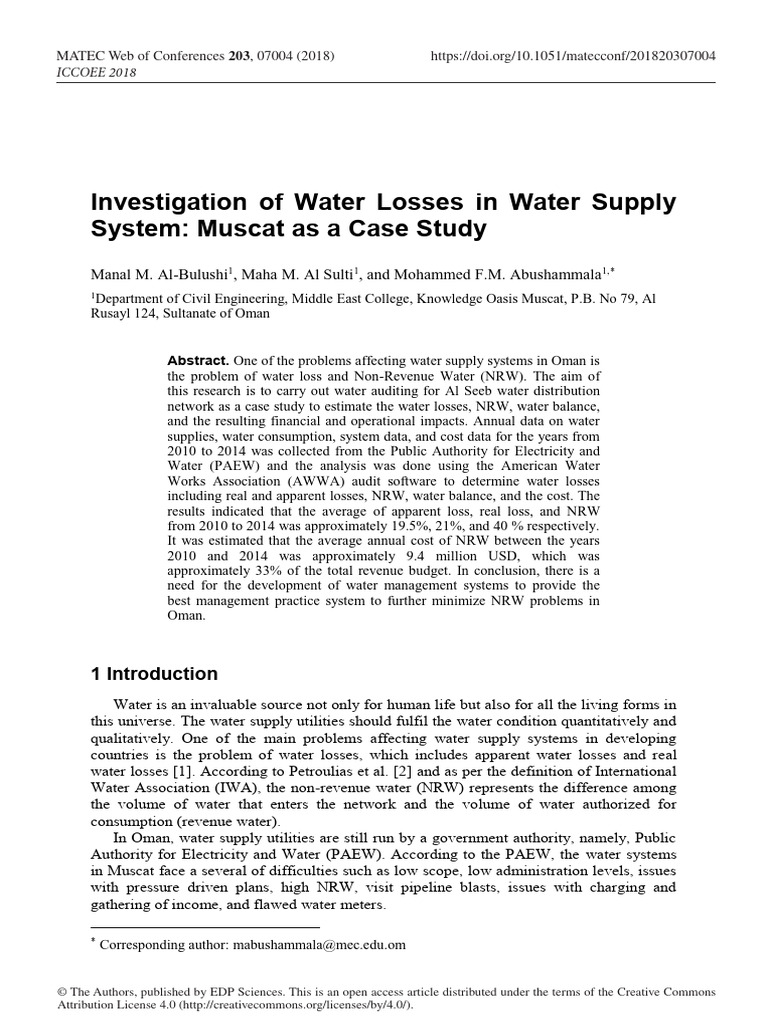 Water Losses in Muscat's Supply System | PDF | Water And Politics | Water