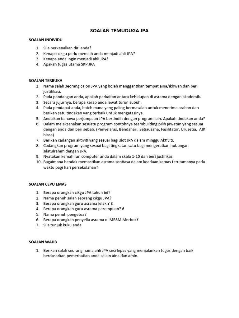 Soalan Temuduga Jpa | PDF