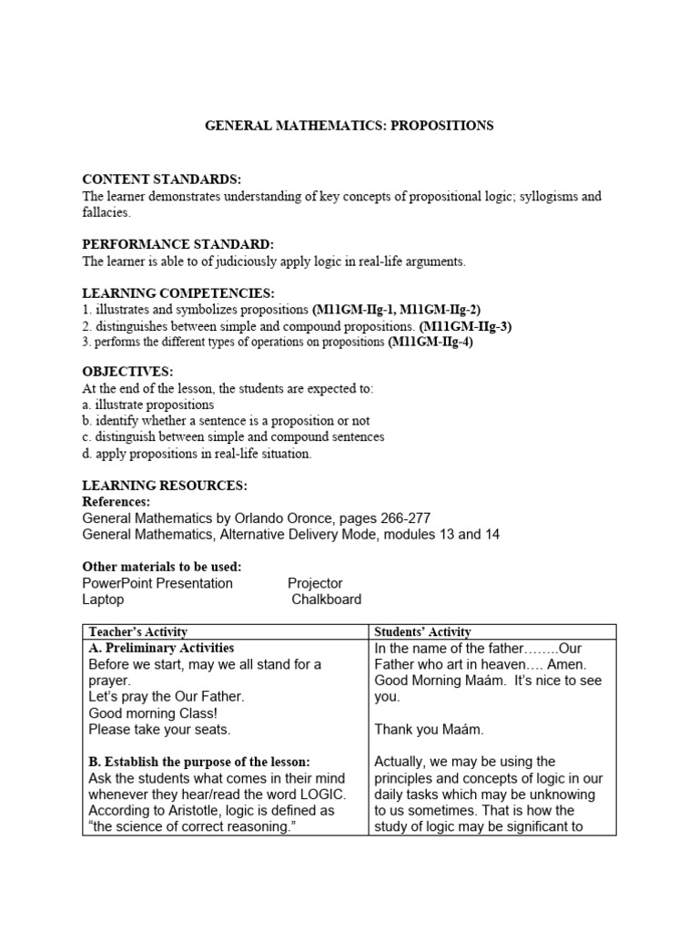 A Detailed Lesson Plan in Math | PDF | Logic | Proposition