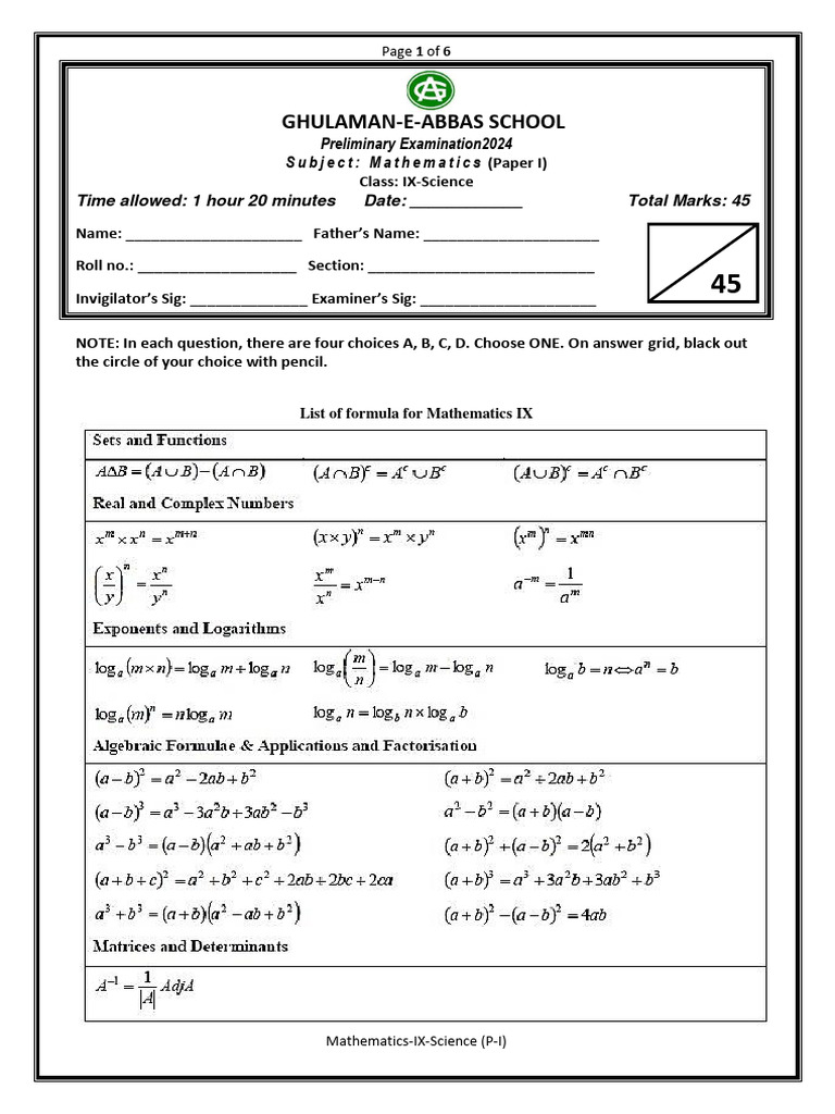 IX-Mathematics P-I Preliminary Examination 2024 | PDF | Mathematics
