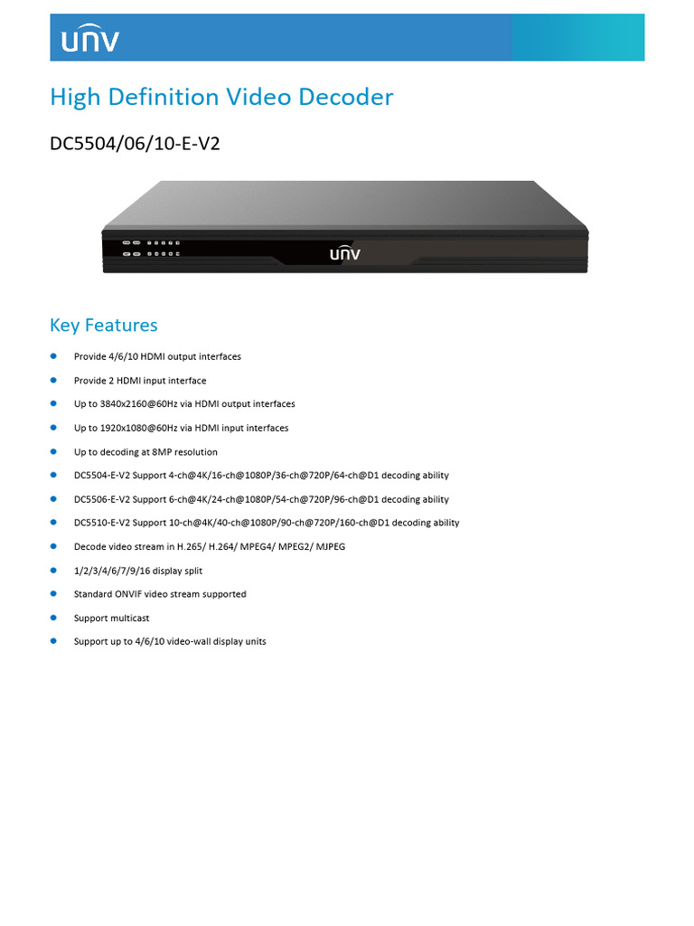 UNV DC55XX-E-V2 Series High Definition Video Decoder V2.0-EN | PDF | Hdmi | Multimedia