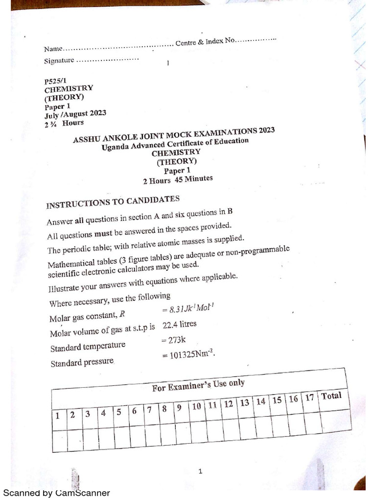 ASSHU Chemistry P1 UACE Mock Exams 2023 | PDF