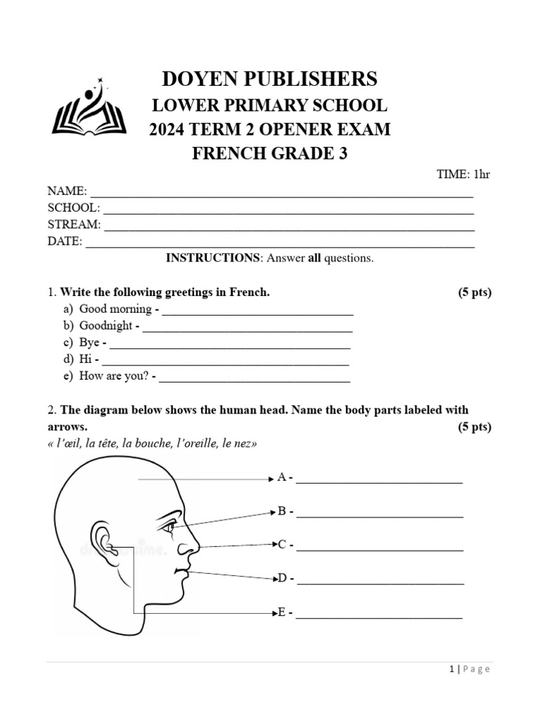 Grade 3 French Exam Paper Term 2 | PDF | Linguistics