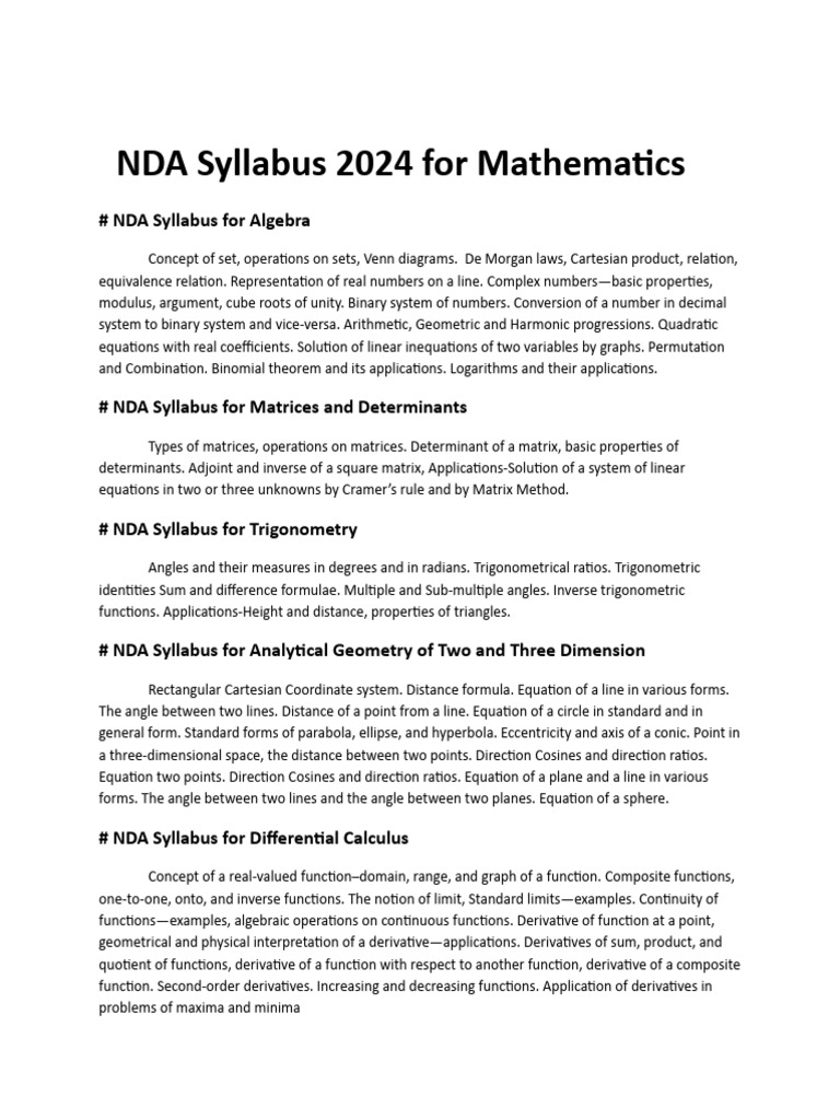 NDA Syllabus 2024 of Mathematics | PDF | Equations | Function (Mathematics)