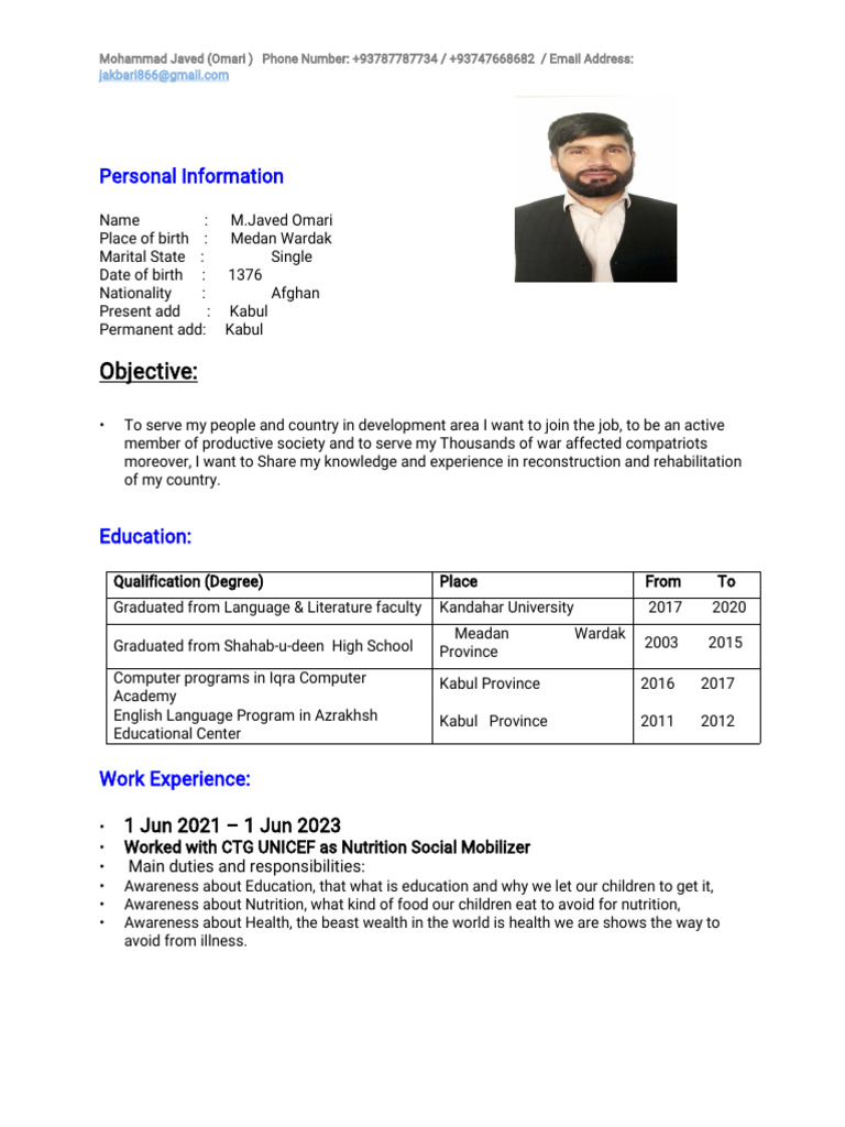 Afghan Development Professional CV | PDF
