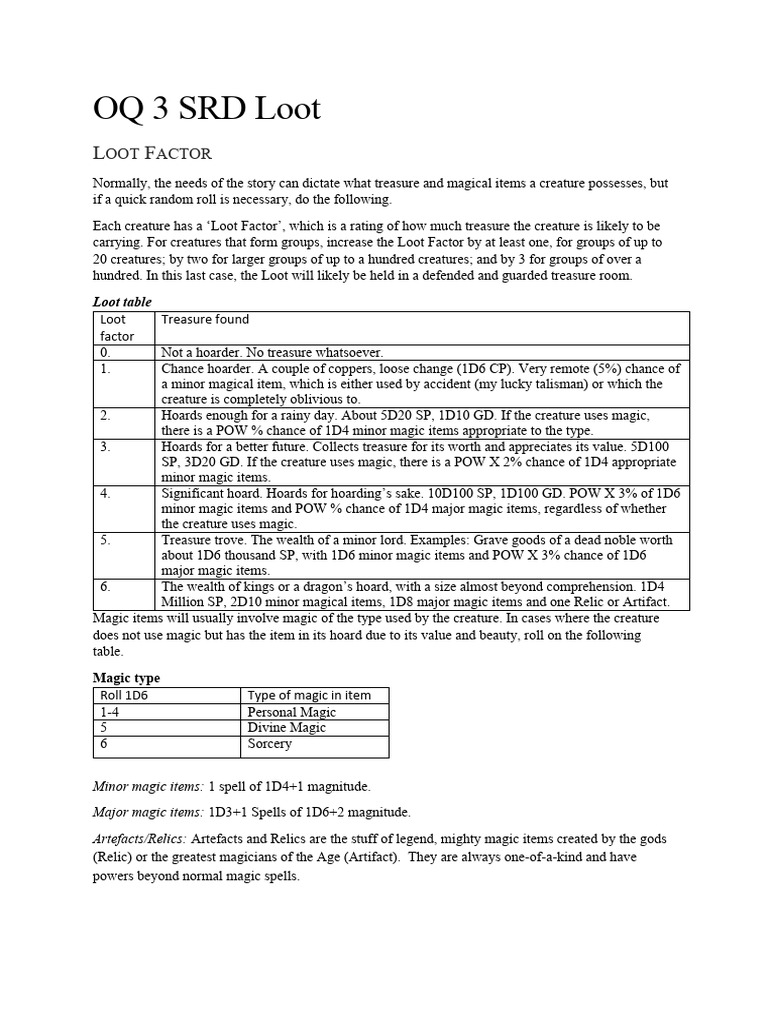 OQ 3 SRD Loot | PDF | Magician (Fantasy) | Relic