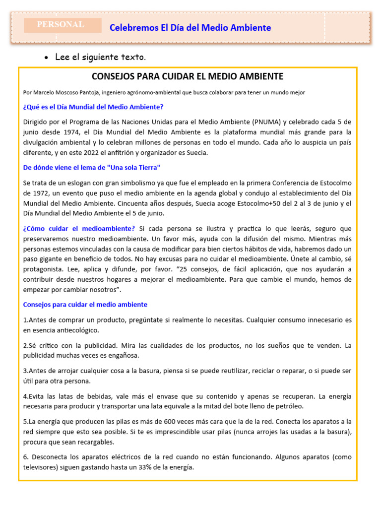 D3 A3 FICHA PS. Celebremos El Día Del Medio Ambiente | PDF | Entorno ...