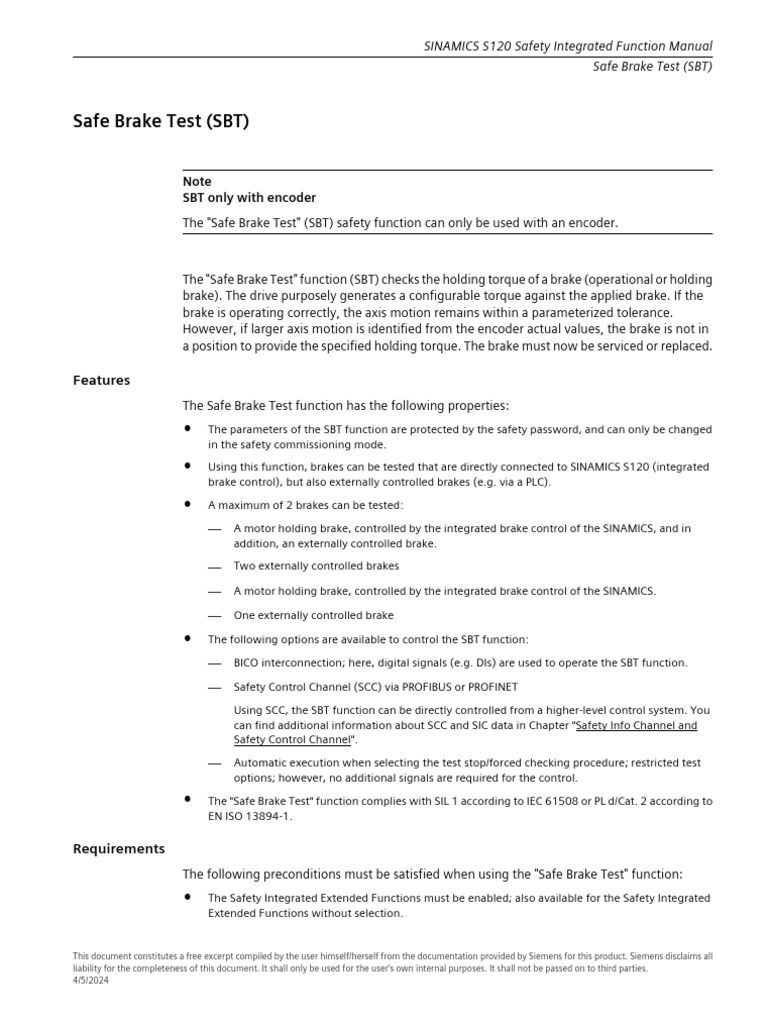 SINAMICS S120 Safety Integrated Function Manual - Safe Brake Test (SBT ...