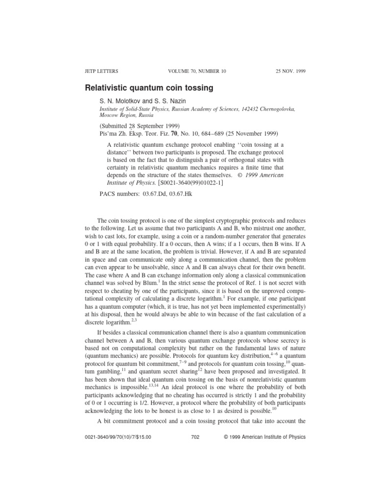 Relativistic Quantum Coin Tossing Protocol | PDF | Quantum Mechanics ...