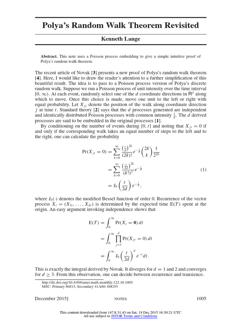 Polya's Random Walk Theorem Revisited | PDF | Mathematics | Mathematical Concepts