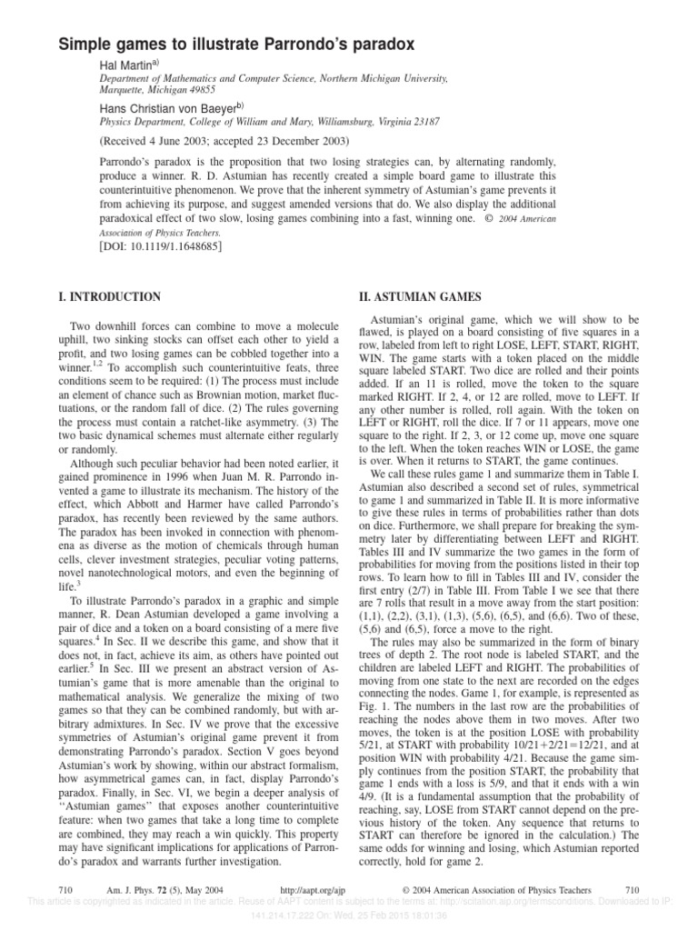 Simple Games To Illustrate Parrondo's Paradox | PDF | Odds | Probability