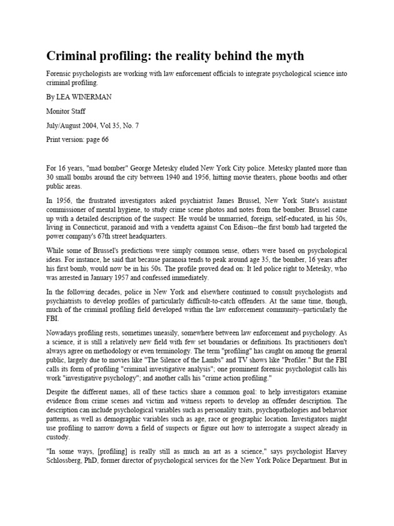 Criminal Profiling APA | Download Free PDF | Offender Profiling | Crimes