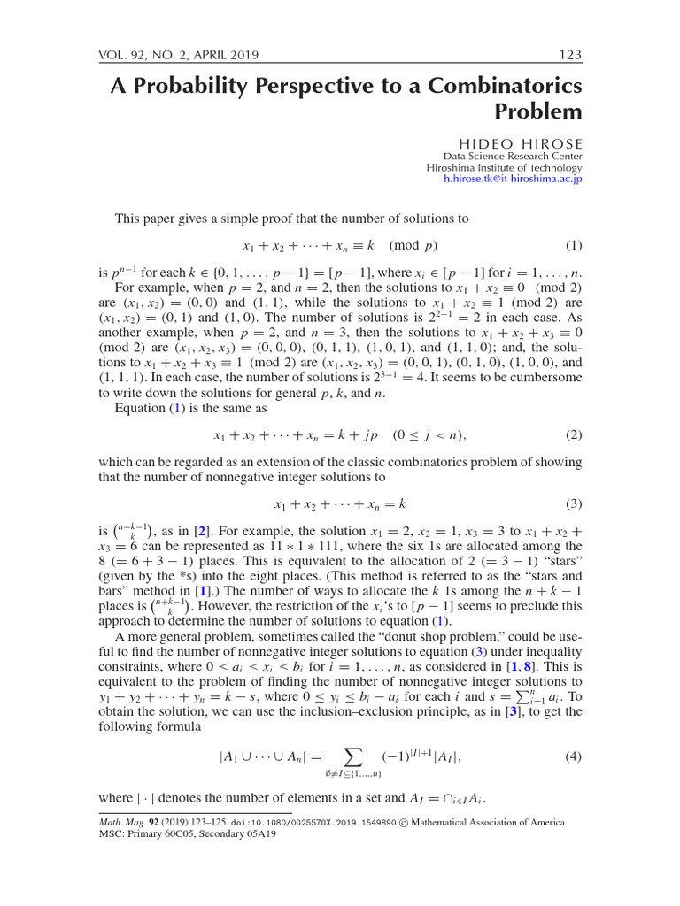 A Probability Perspective To A Combinatorics Problem | PDF
