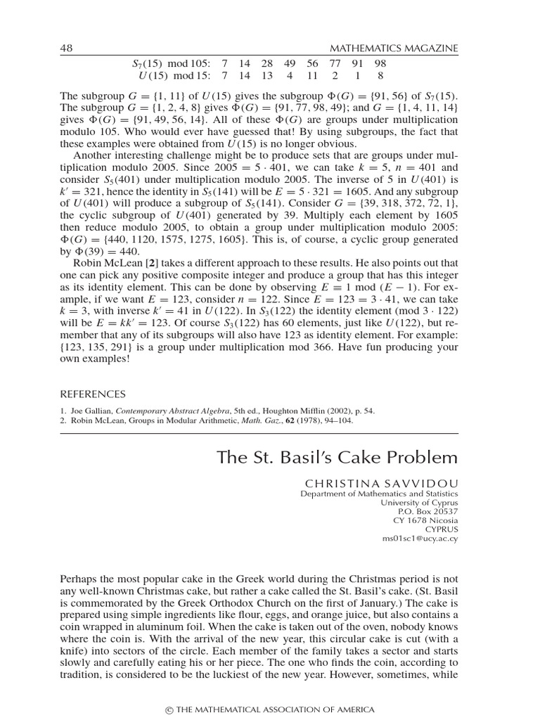 The St. Basil's Cake Problem | PDF | Group (Mathematics) | Multiplication