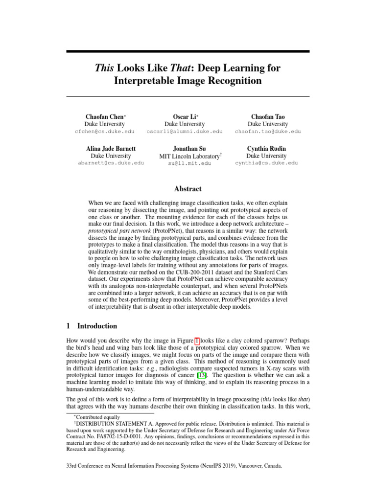 NeurIPS 2019 This Looks Like That Deep Learning For Interpretable Image Recognition Paper | PDF ...