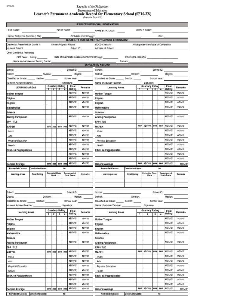 School Form 10 SF10 Learner's Permanent Academic Record For Elementary ...