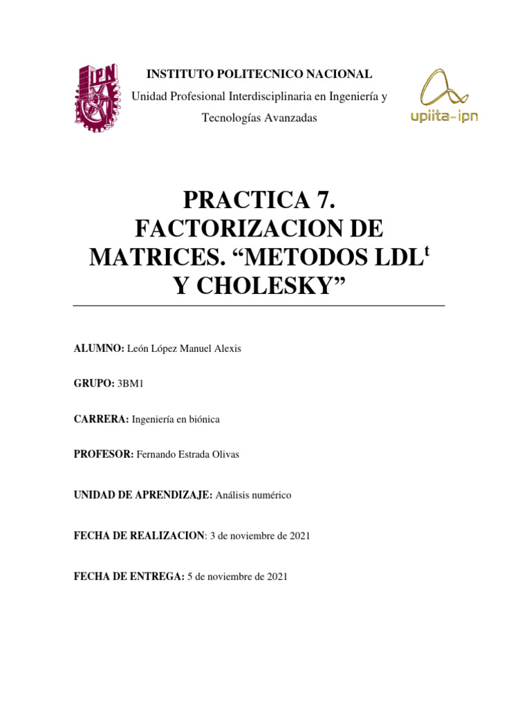 Factorización de Matrices: LDLt y Cholesky | PDF | Matemáticas De La ...