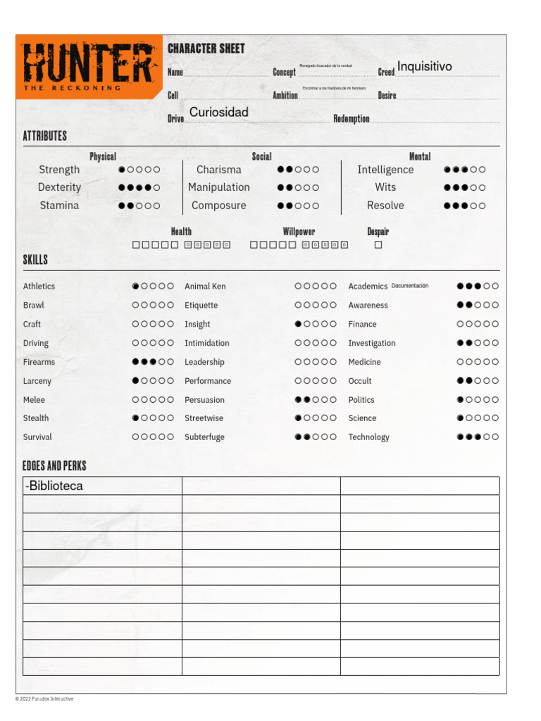 WoD Ficha Hunter Adler | PDF