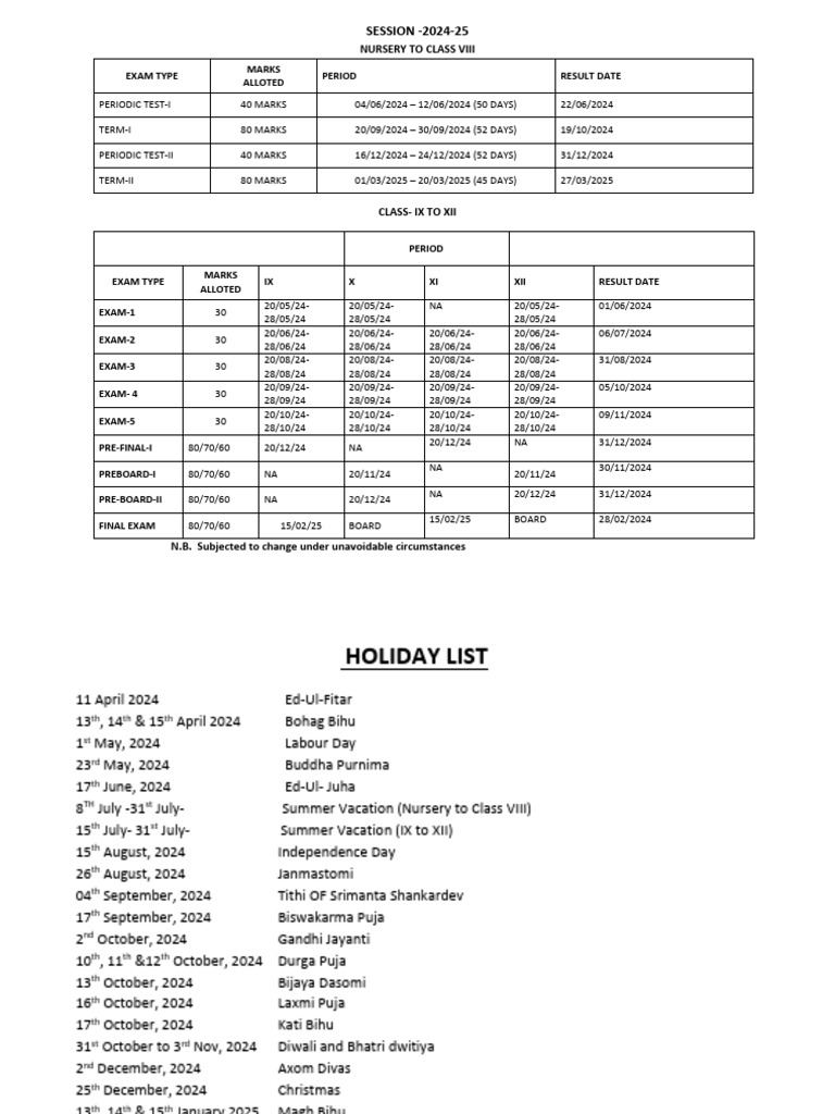 Holiday List & Exm SCHLD - 2024-25 | PDF