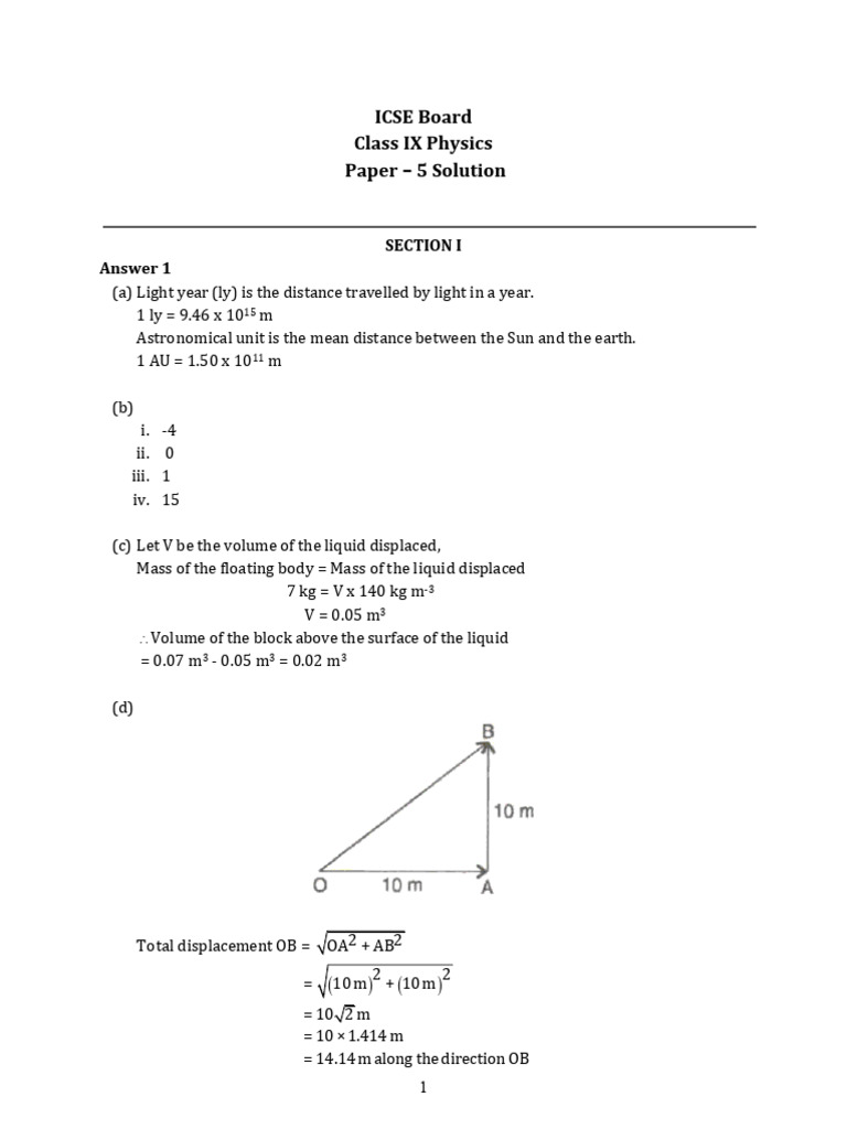 Physics 9 Icse Sample Paper 10 Solution | PDF | Waves | Force
