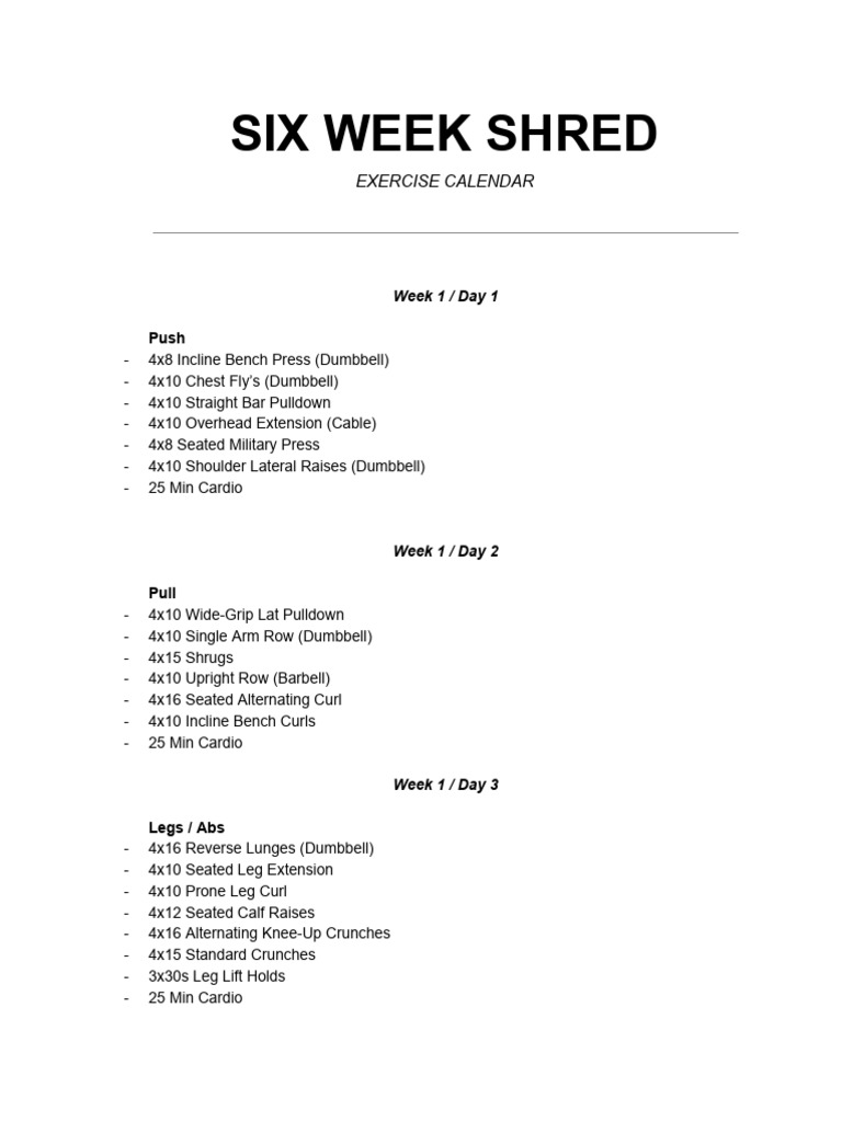 Six Week Shred - Exercise Calendar | Download Free PDF | Physical ...