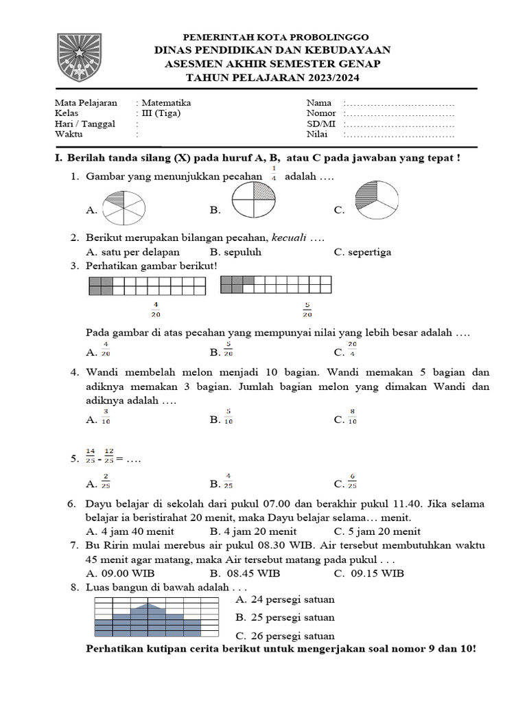 Soal Aat Matematika Semester Genap KLS 3 Tahun 2023-2024 Fix | PDF