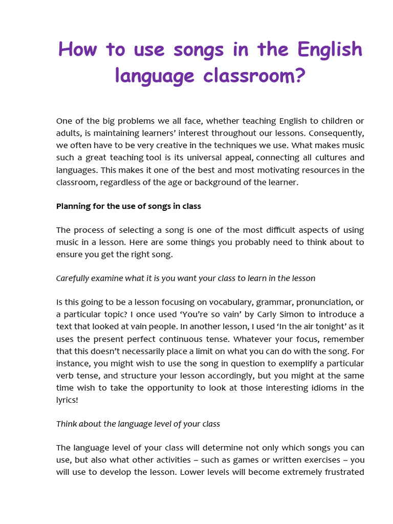 How To Use Songs in The English Language Classroom | PDF | Learning | Verb