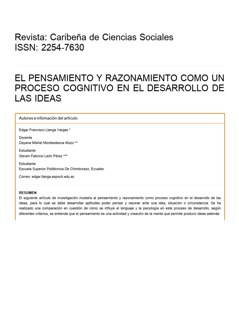 El Pensamiento y Razonamiento Como Un Proceso Cognitivo en El ...