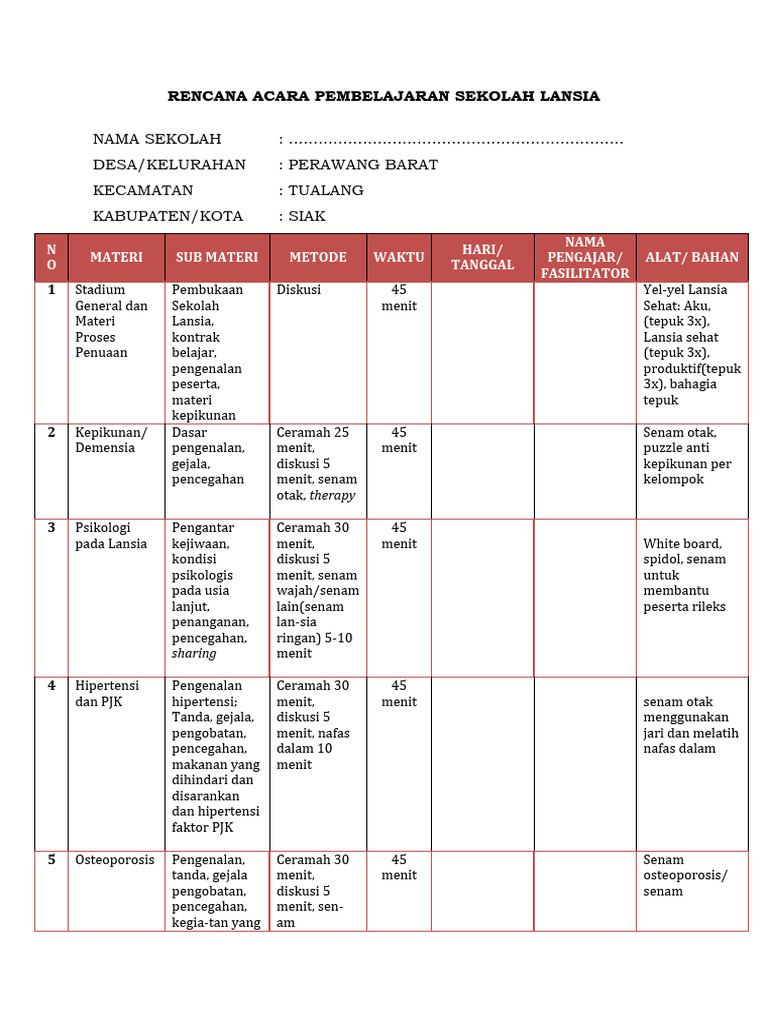 Contoh Rencana Pembelajaran Sekolah Lansia | PDF