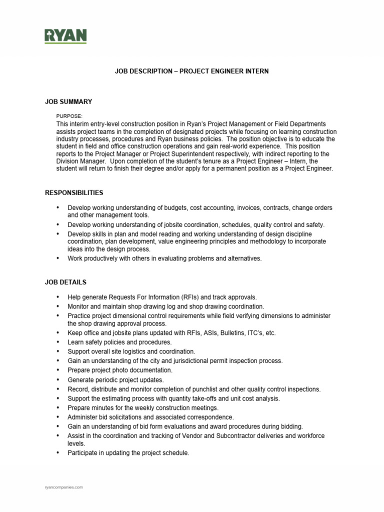 Ryan Companies Project Engineer Internship | PDF | Internship | Job Hunting