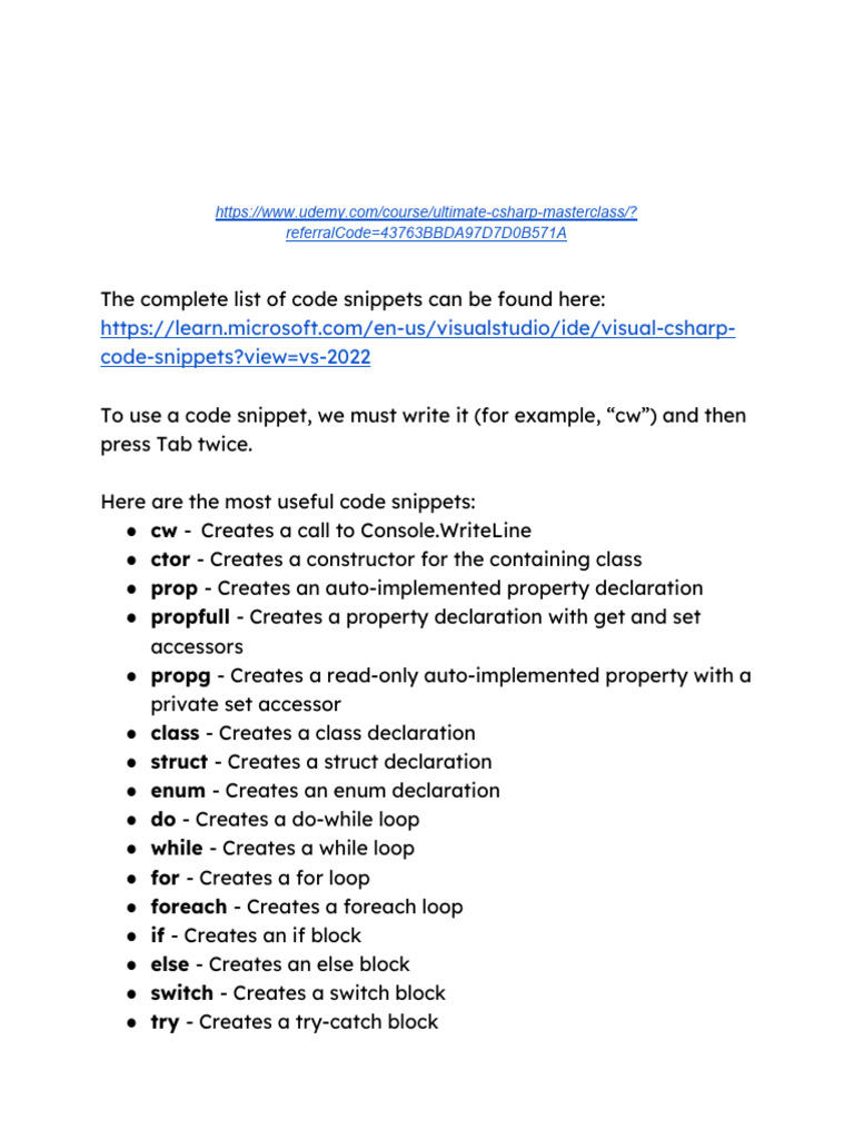 Ultimate C# Masterclass - Useful code snippets(1) | PDF