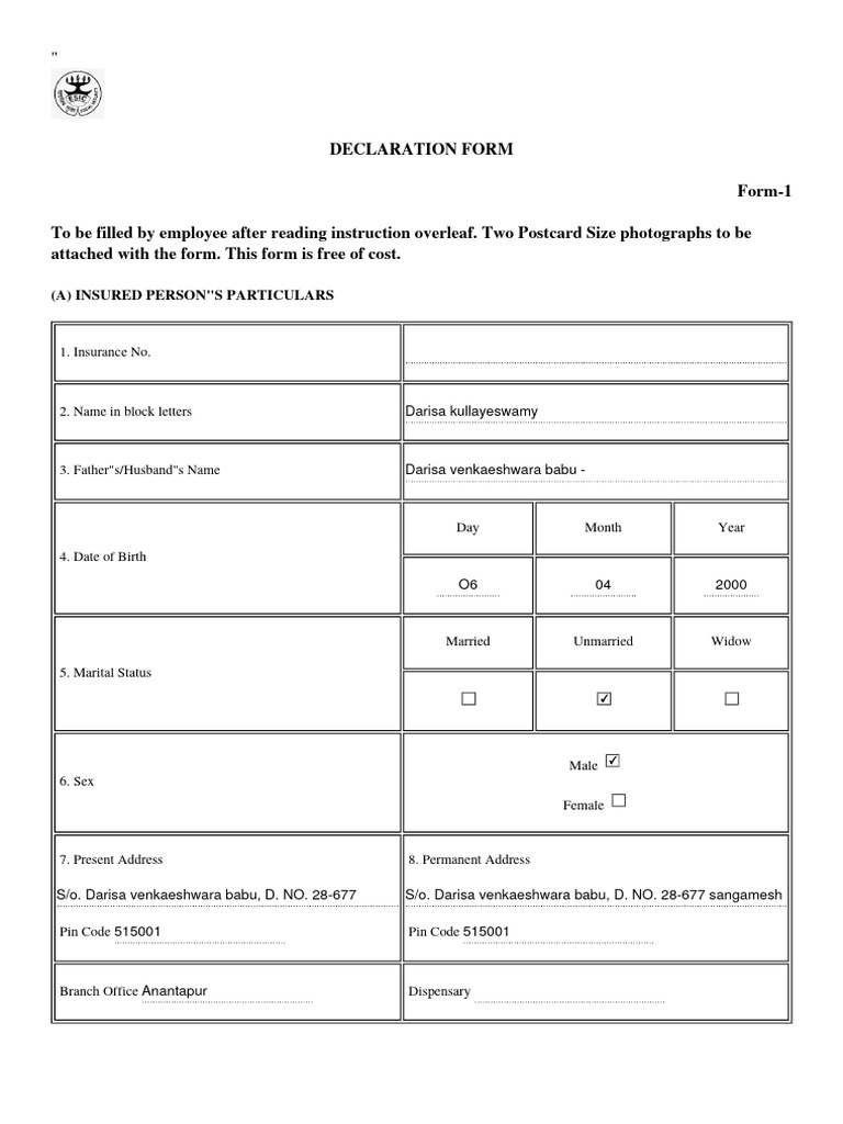 ESIC Form (Please Sign The Form Digitally and Then Submit Courier The ...