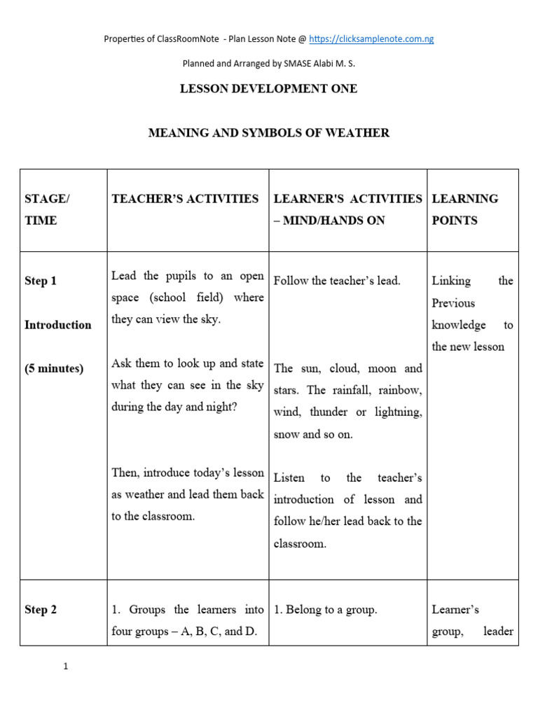 Weather Lesson Plan for Classroom Activities | PDF | Learning | Classroom