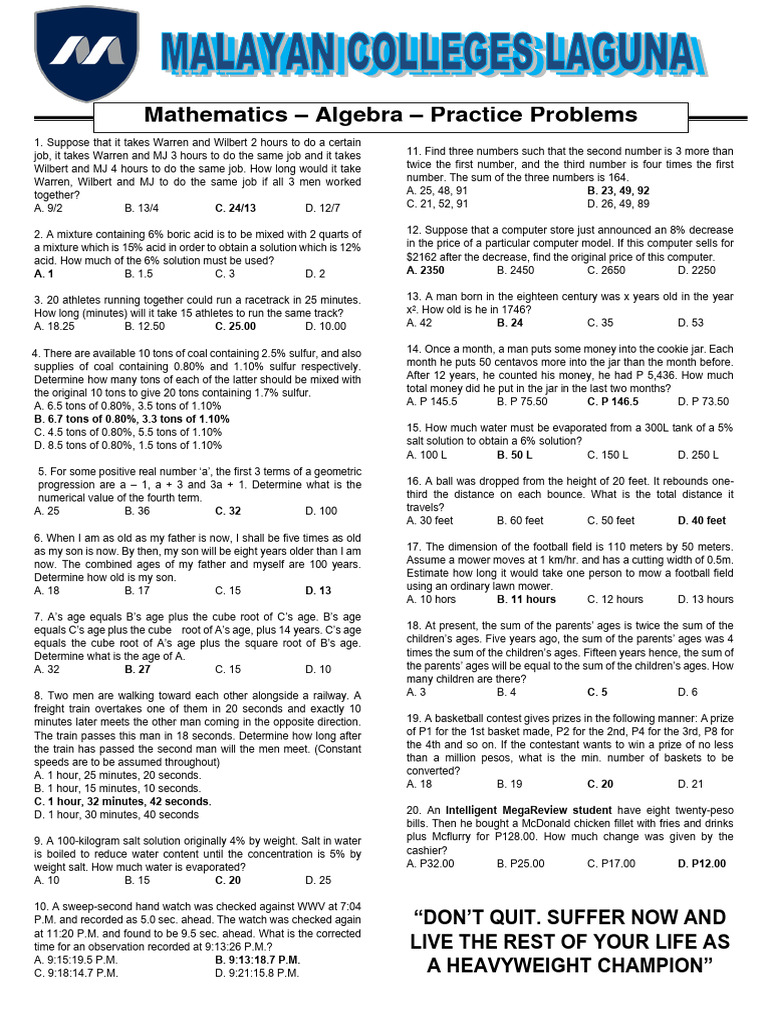 Algebra Practice Problems and Solutions | PDF | Mathematics
