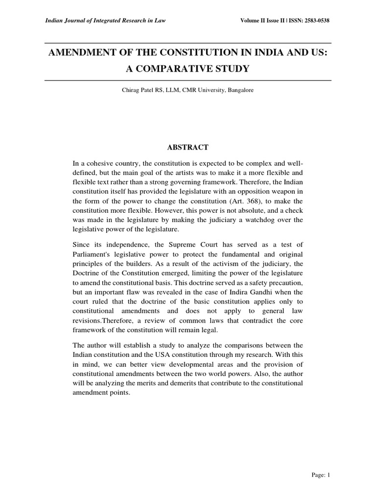 Amendment of The Constitution in India and Us A Comparative Study | PDF | Constitutional ...