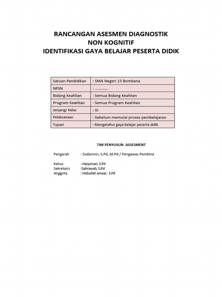 Asesmen Diagnostik Non Kognitif Cara Belajar | PDF | Karier & Perkembangan