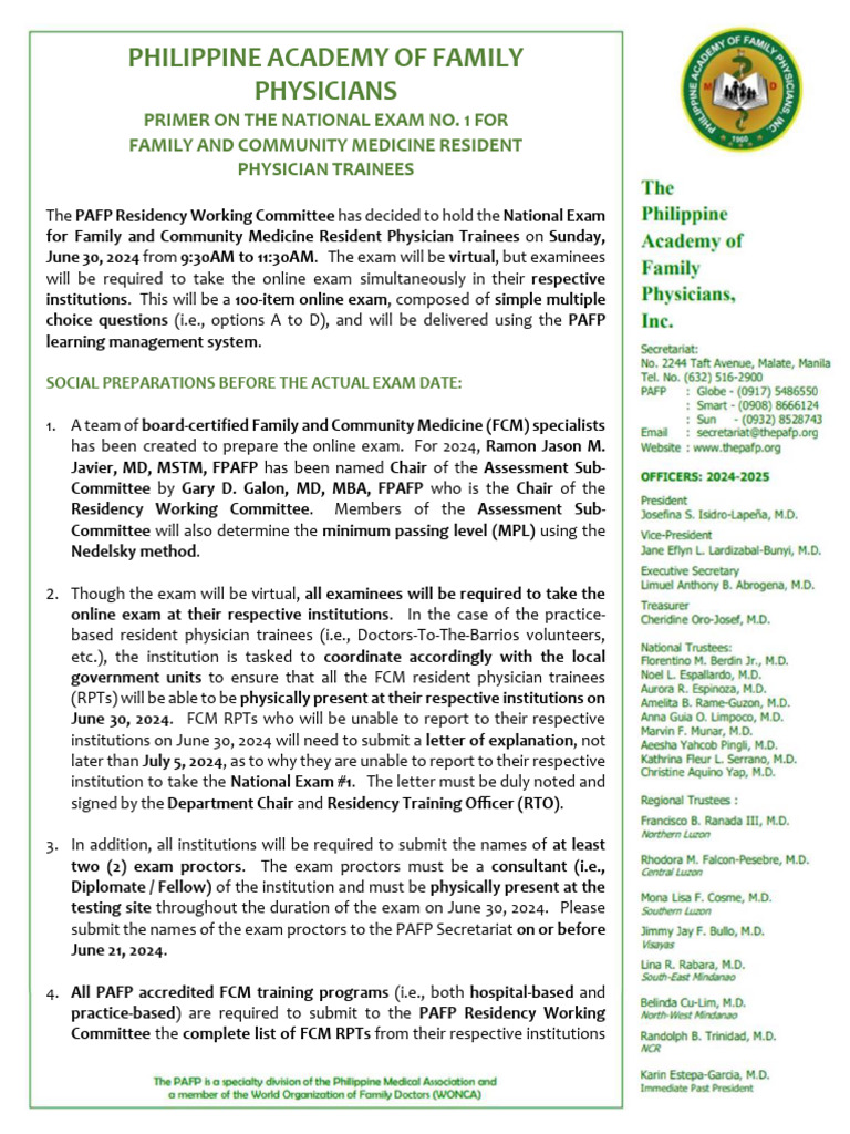 PAFP National Exam Guidelines 2024 | PDF | Residency (Medicine) | Internet