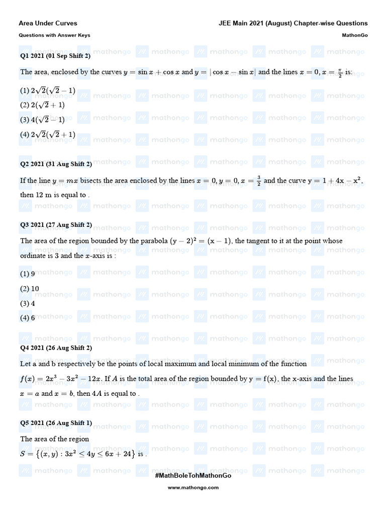Area Under Curves Jee Main 2021 August Chapter Wise Mathongo Pdf 3252