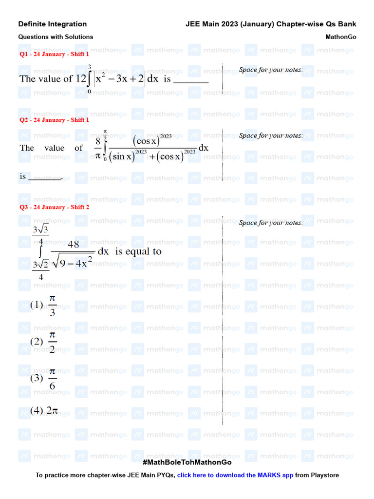 Definite Integration - JEE Main 2023 January Chapter Wise Questions by MathonGo | PDF