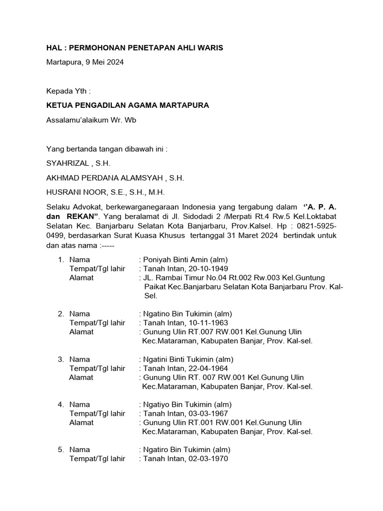 Permohonan Penetapan Ahli Waris VS Darmanto Pa MTP-1 | PDF