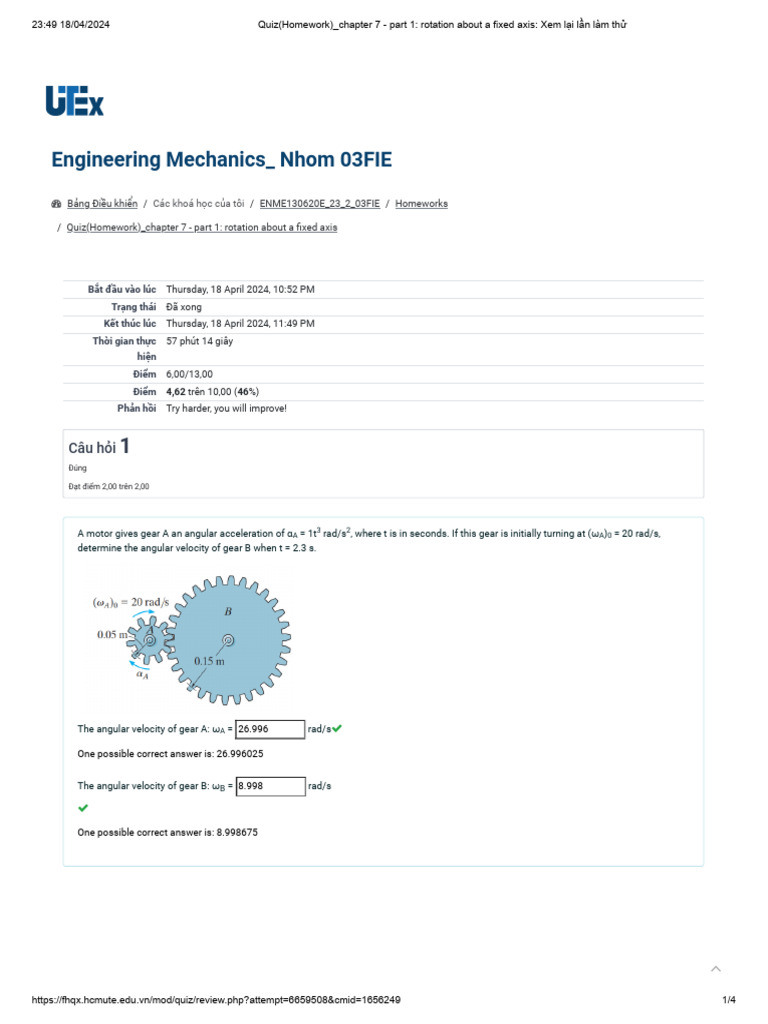 QuizHomework - chapter 7 part 1 - rotation about a fixed axis - Xem lại lần làm thử | PDF ...